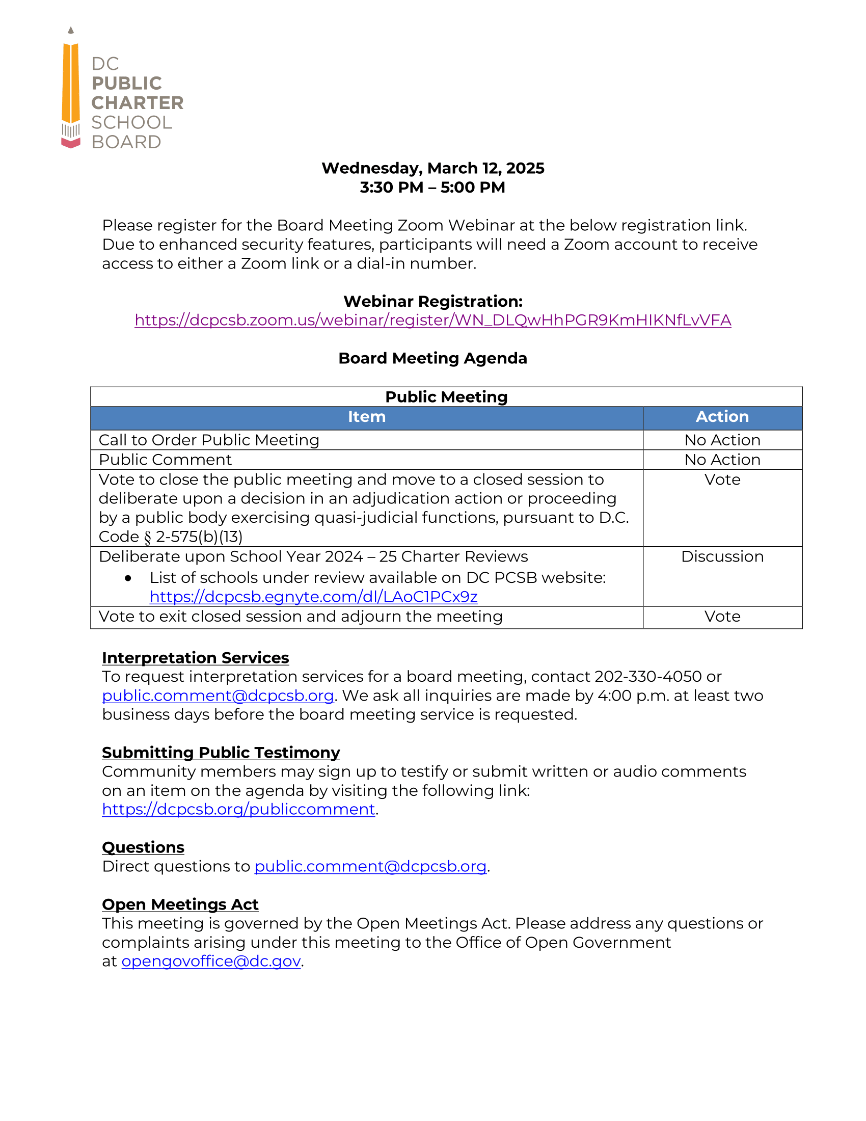 Special Board Meeting March 2025 Dc Pcsb
